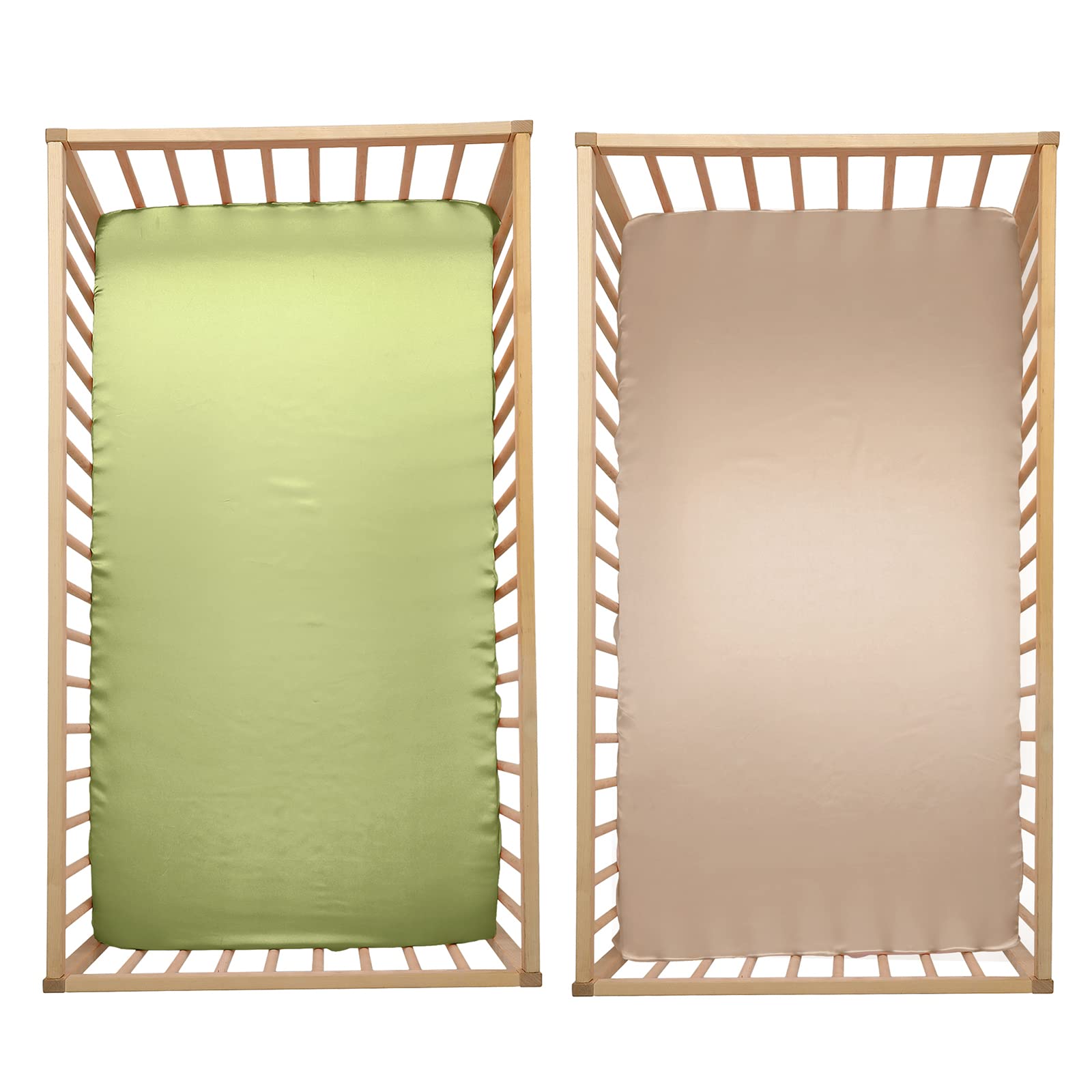 SiinvdaBZX 2 Pcs Satin Mini Crib Sheets 38 x 24In, Silky Soft Mini Portable Crib Sheets Mattress Cover Portable Playard Sheets with 5In Deep Pocket, Great for Baby Hair (Beige & Sage Green)
