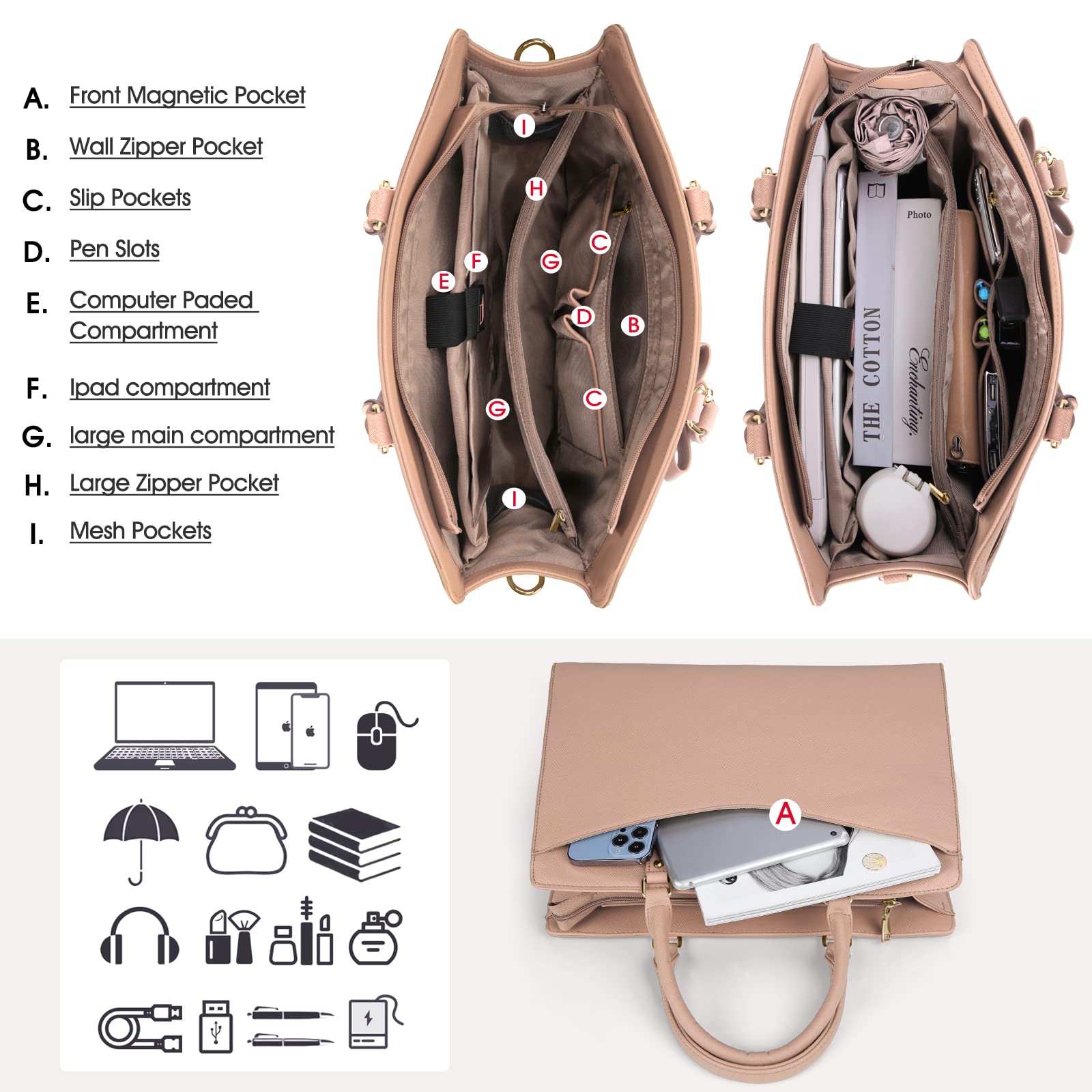 RAINSMORE Laptop Bag for Women 15.6 Inch PU Tote Bag Business Office Work Bag Waterproof Briefcase Computer Tote Lightweight Handbag Shoulder, Khaki