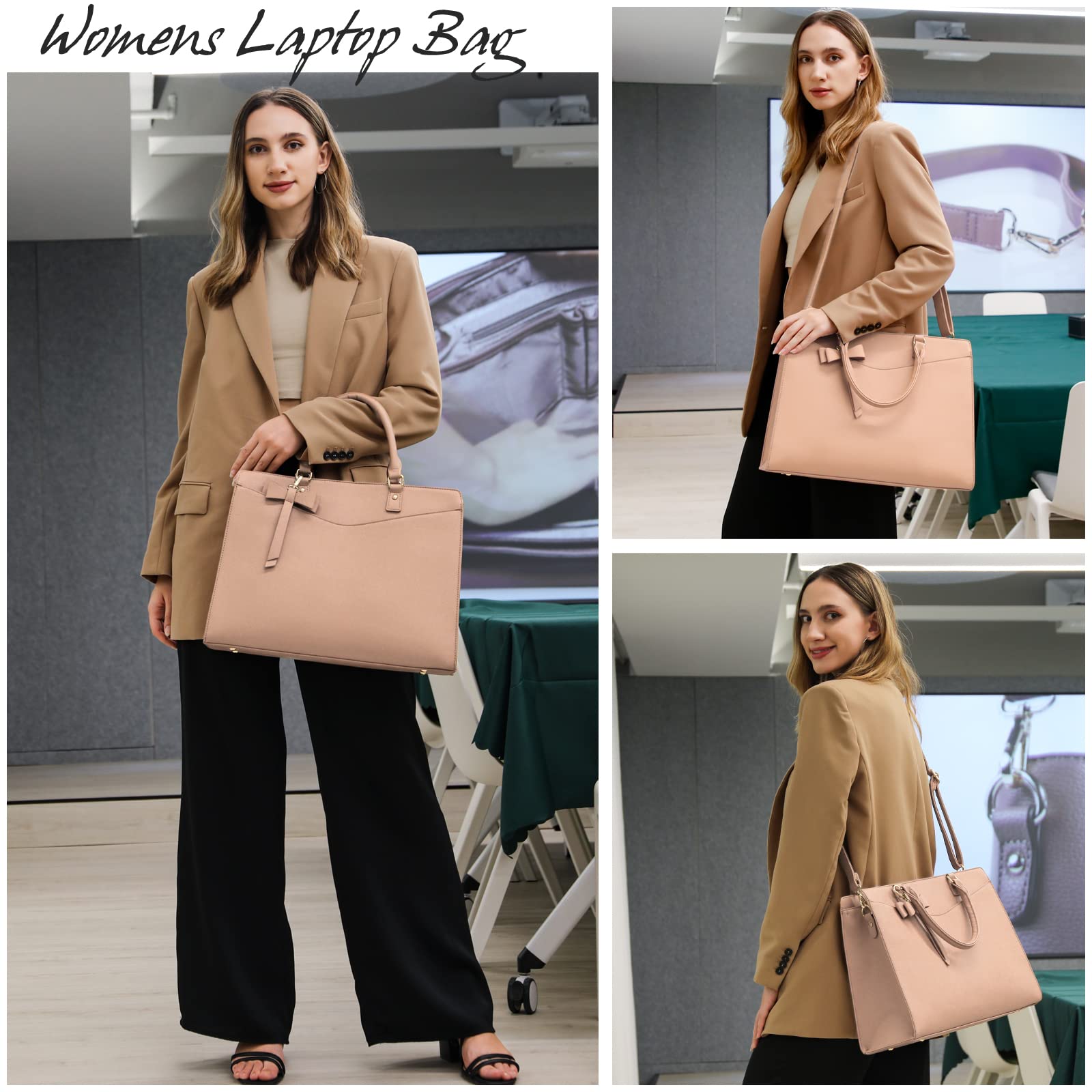 RAINSMORE Laptop Bag for Women 15.6 Inch PU Tote Bag Business Office Work Bag Waterproof Briefcase Computer Tote Lightweight Handbag Shoulder, Khaki