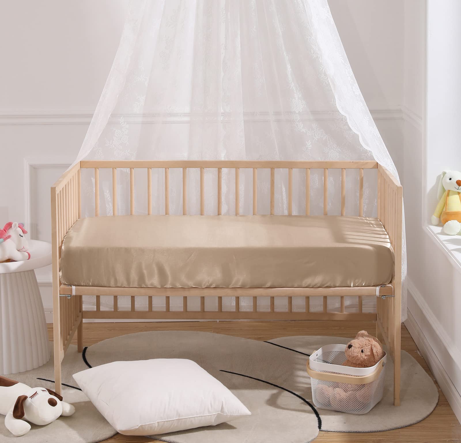 SiinvdaBZX 2 Pcs Satin Mini Crib Sheets 38 x 24In, Silky Soft Mini Portable Crib Sheets Mattress Cover Portable Playard Sheets with 5In Deep Pocket, Great for Baby Hair (Beige & Sage Green)