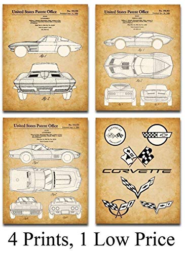 Original Corvette Patent Art Prints - Set of Four Photos (8x10) Unframed - Makes a Great Man Cave Decor and Gift Under $20 for Corvette Owners and Car Enthusiasts