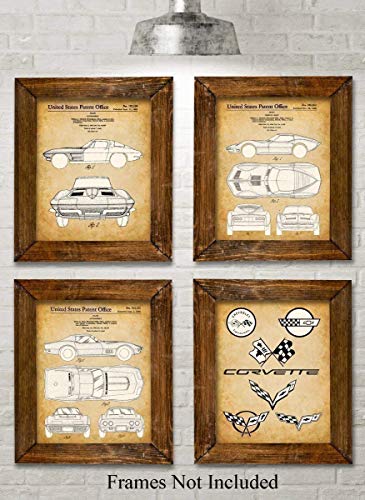 Original Corvette Patent Art Prints - Set of Four Photos (8x10) Unframed - Makes a Great Man Cave Decor and Gift Under $20 for Corvette Owners and Car Enthusiasts