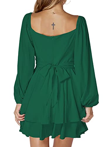 LYANER Women’s Lantern Long Sleeve Wrap Tie Back Square Neck Double Layer Ruffle Hem A Line Short Mini Dress Green Medium