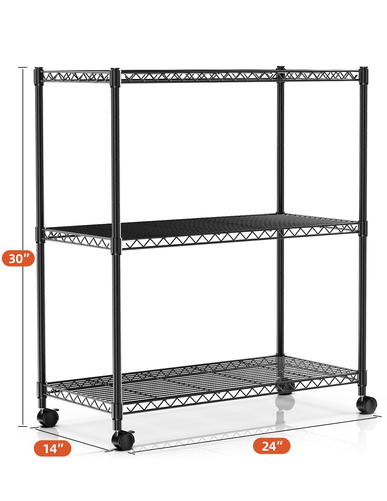 Simple Deluxe Heavy Duty 3-Shelf Shelving with Wheels, Adjustable Storage Units, Steel Organizer Wire Rack, 23" W x 13" D x 30" H, Black (HKSHLF23133003BPCLITE)