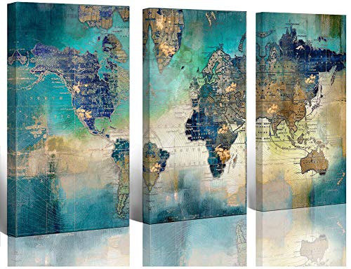 Large World Map Canvas Prints Wall Art for Living Room Office "16x32" 3 Piece Green World Map Picture Artwork Decor for Home Decoration