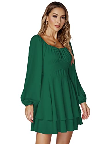 LYANER Women’s Lantern Long Sleeve Wrap Tie Back Square Neck Double Layer Ruffle Hem A Line Short Mini Dress Green Medium
