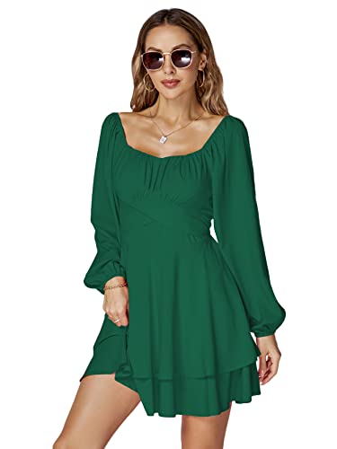 LYANER Women’s Lantern Long Sleeve Wrap Tie Back Square Neck Double Layer Ruffle Hem A Line Short Mini Dress Green Medium