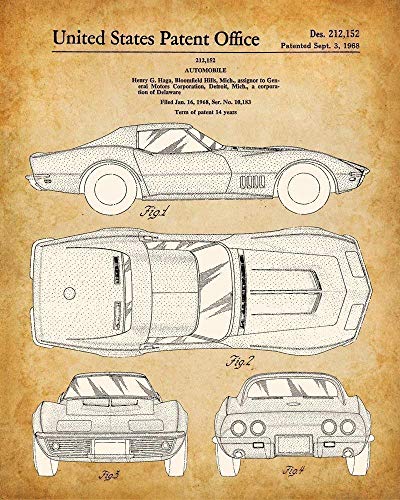 Original Corvette Patent Art Prints - Set of Four Photos (8x10) Unframed - Makes a Great Man Cave Decor and Gift Under $20 for Corvette Owners and Car Enthusiasts