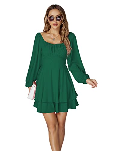 LYANER Women’s Lantern Long Sleeve Wrap Tie Back Square Neck Double Layer Ruffle Hem A Line Short Mini Dress Green Medium