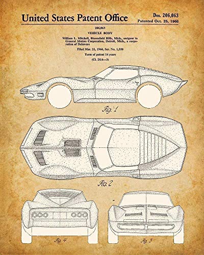 Original Corvette Patent Art Prints - Set of Four Photos (8x10) Unframed - Makes a Great Man Cave Decor and Gift Under $20 for Corvette Owners and Car Enthusiasts