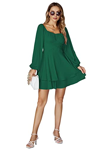 LYANER Women’s Lantern Long Sleeve Wrap Tie Back Square Neck Double Layer Ruffle Hem A Line Short Mini Dress Green Medium