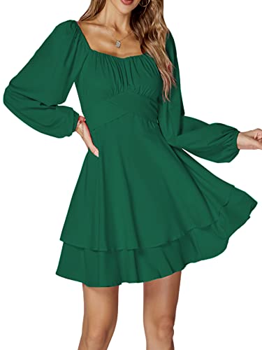 LYANER Women’s Lantern Long Sleeve Wrap Tie Back Square Neck Double Layer Ruffle Hem A Line Short Mini Dress Green Medium