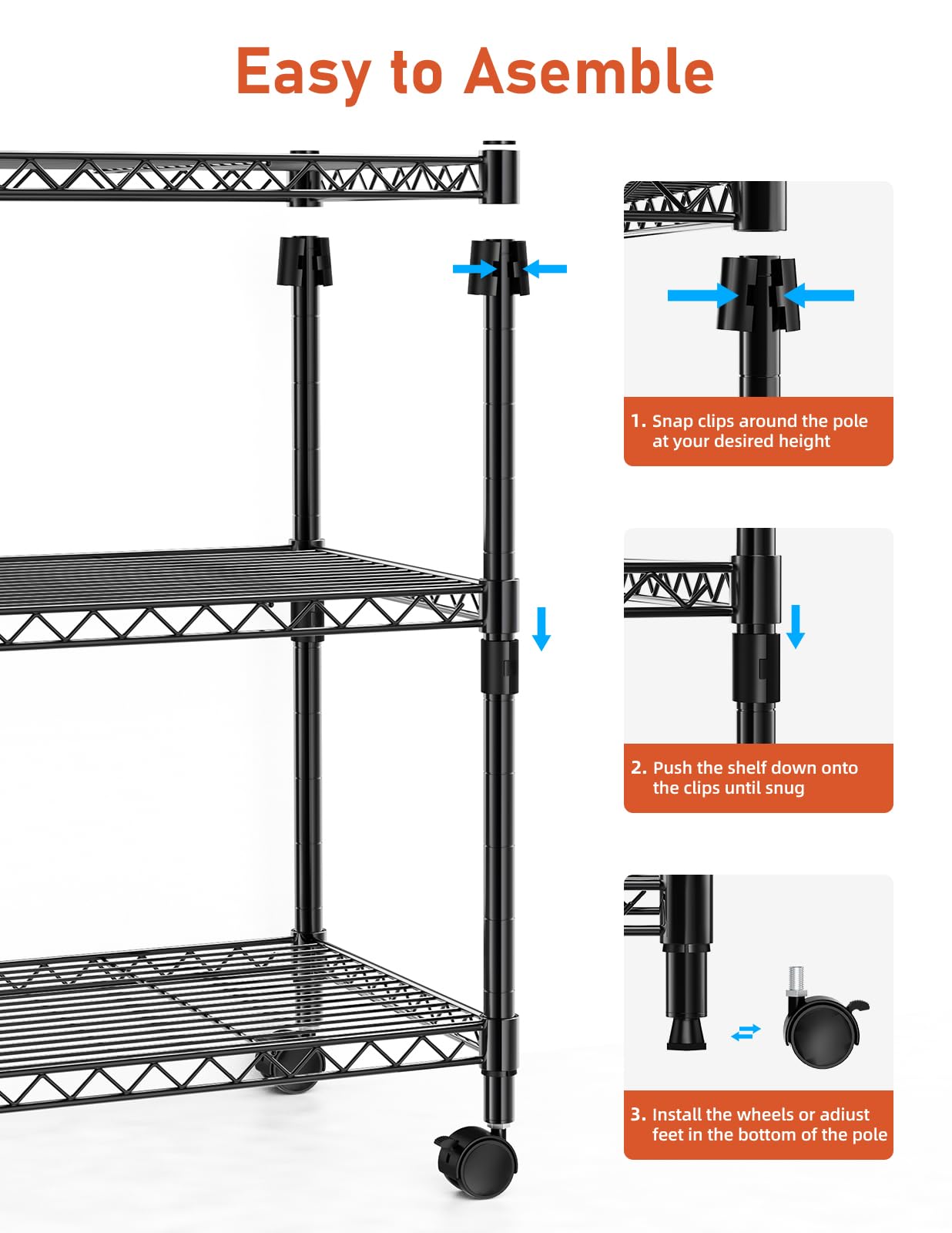 Simple Deluxe Heavy Duty 3-Shelf Shelving with Wheels, Adjustable Storage Units, Steel Organizer Wire Rack, 23" W x 13" D x 30" H, Black (HKSHLF23133003BPCLITE)