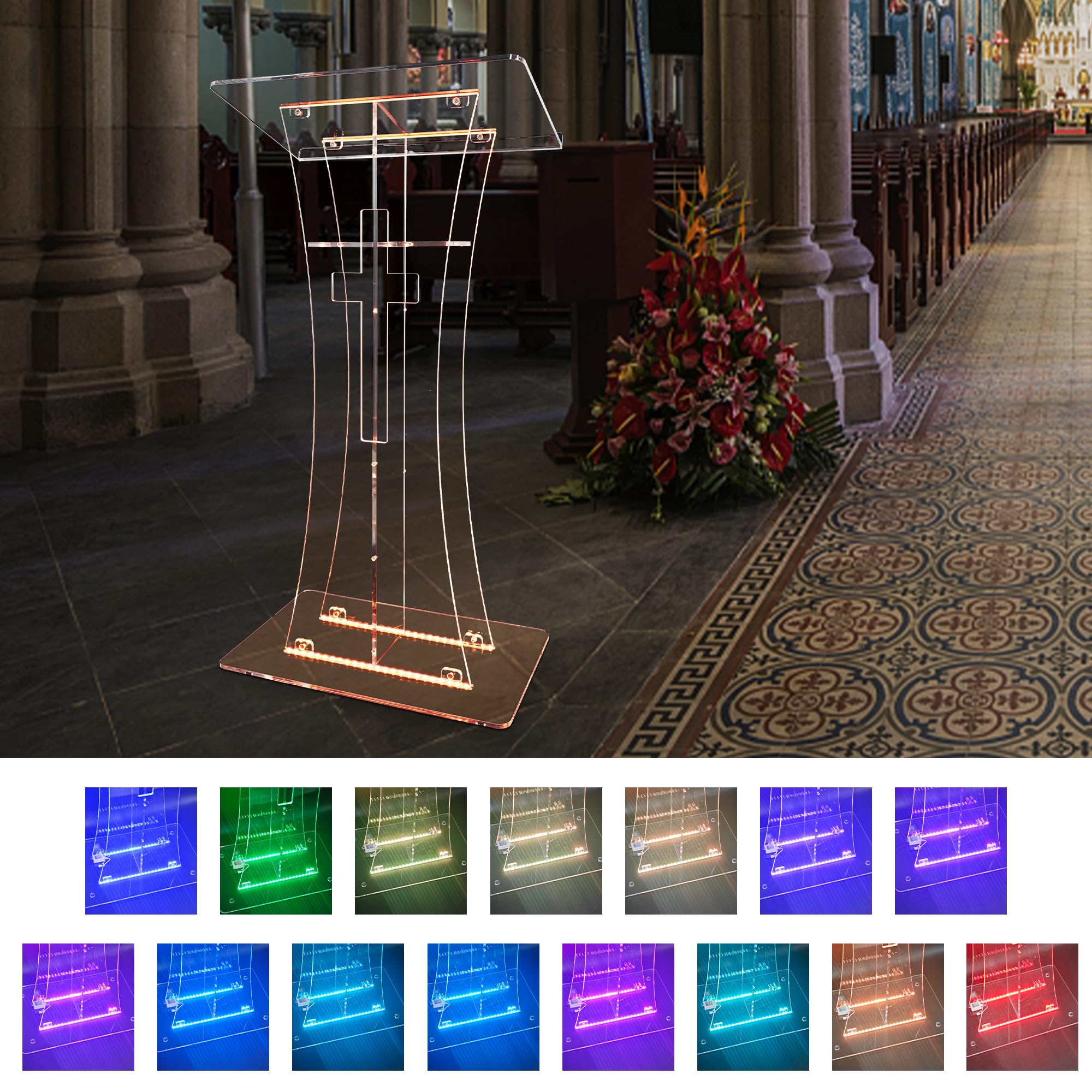 GOJLEX Church Pulpit with Led Lights, 43” Cross Acrylic Church Podium with Large Reading Platform, Transparent Lecterns for Churches, Weedings (23.6” L*15.7”W *43”H)