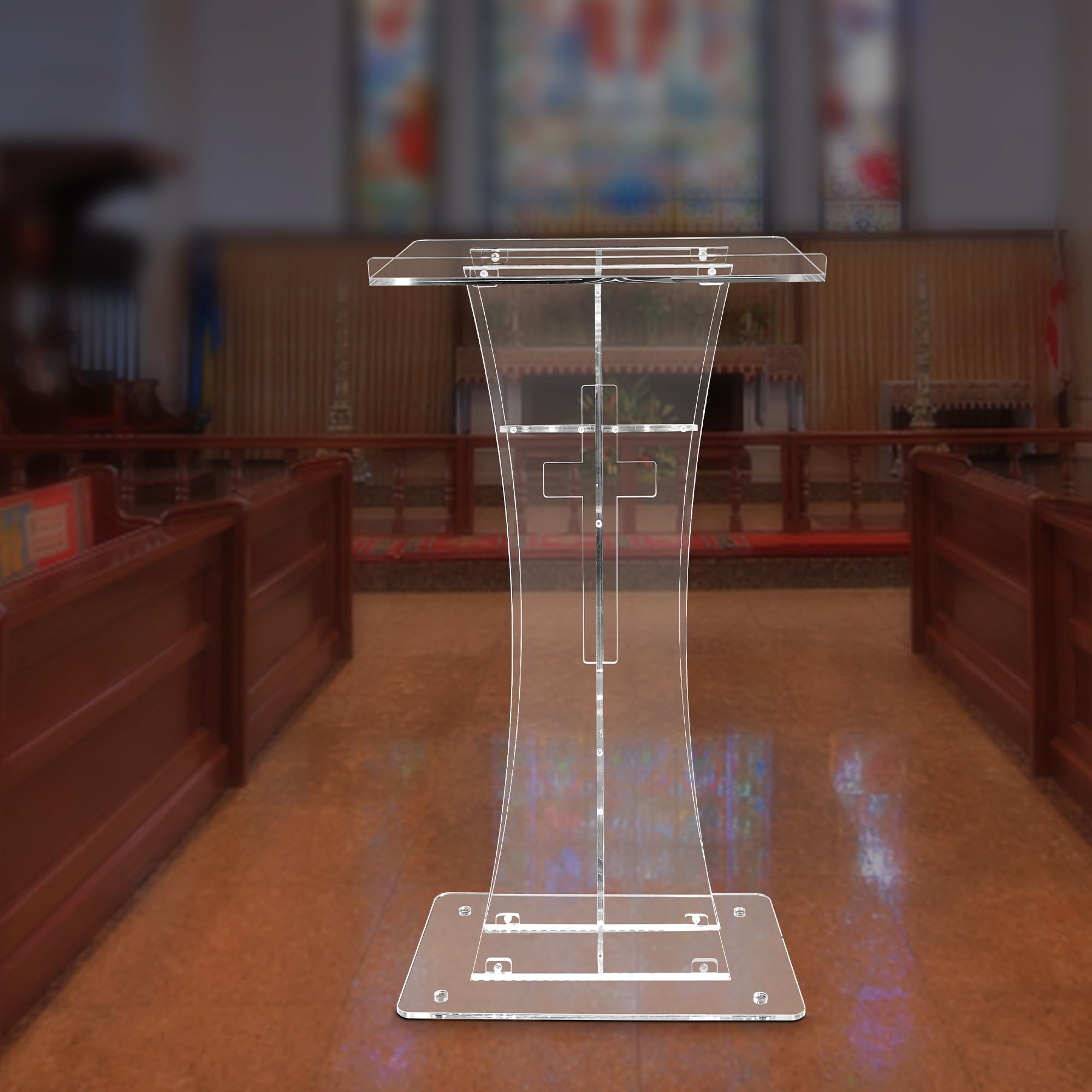 GOJLEX Church Pulpit with Led Lights, 43” Cross Acrylic Church Podium with Large Reading Platform, Transparent Lecterns for Churches, Weedings (23.6” L*15.7”W *43”H)