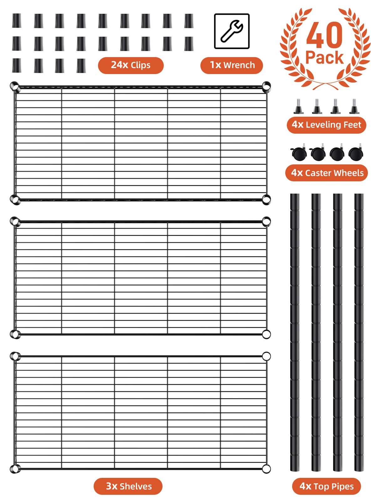 Simple Deluxe Heavy Duty 3-Shelf Shelving with Wheels, Adjustable Storage Units, Steel Organizer Wire Rack, 23" W x 13" D x 30" H, Black (HKSHLF23133003BPCLITE)