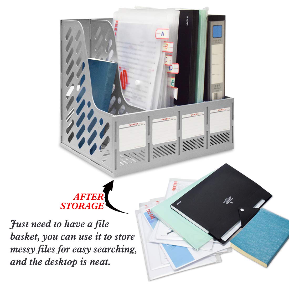 SAYEEC 4 Compartment File Holder Folder Grid Bookshelf Magazine Organizer Plastic File Frame Desktop with Blank Labels A7 Notebook Storage Assemble File Box for Work/Office/Study