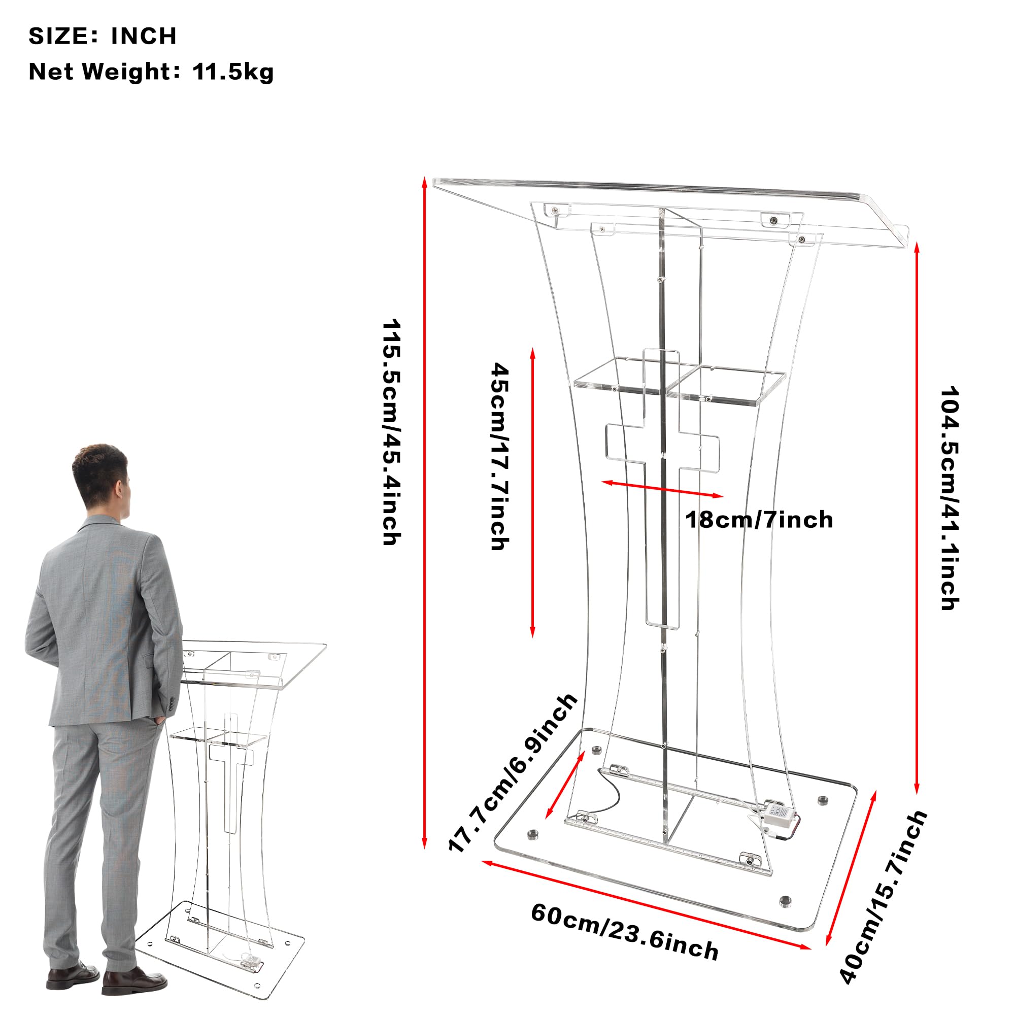 GOJLEX Church Pulpit with Led Lights, 43” Cross Acrylic Church Podium with Large Reading Platform, Transparent Lecterns for Churches, Weedings (23.6” L*15.7”W *43”H)