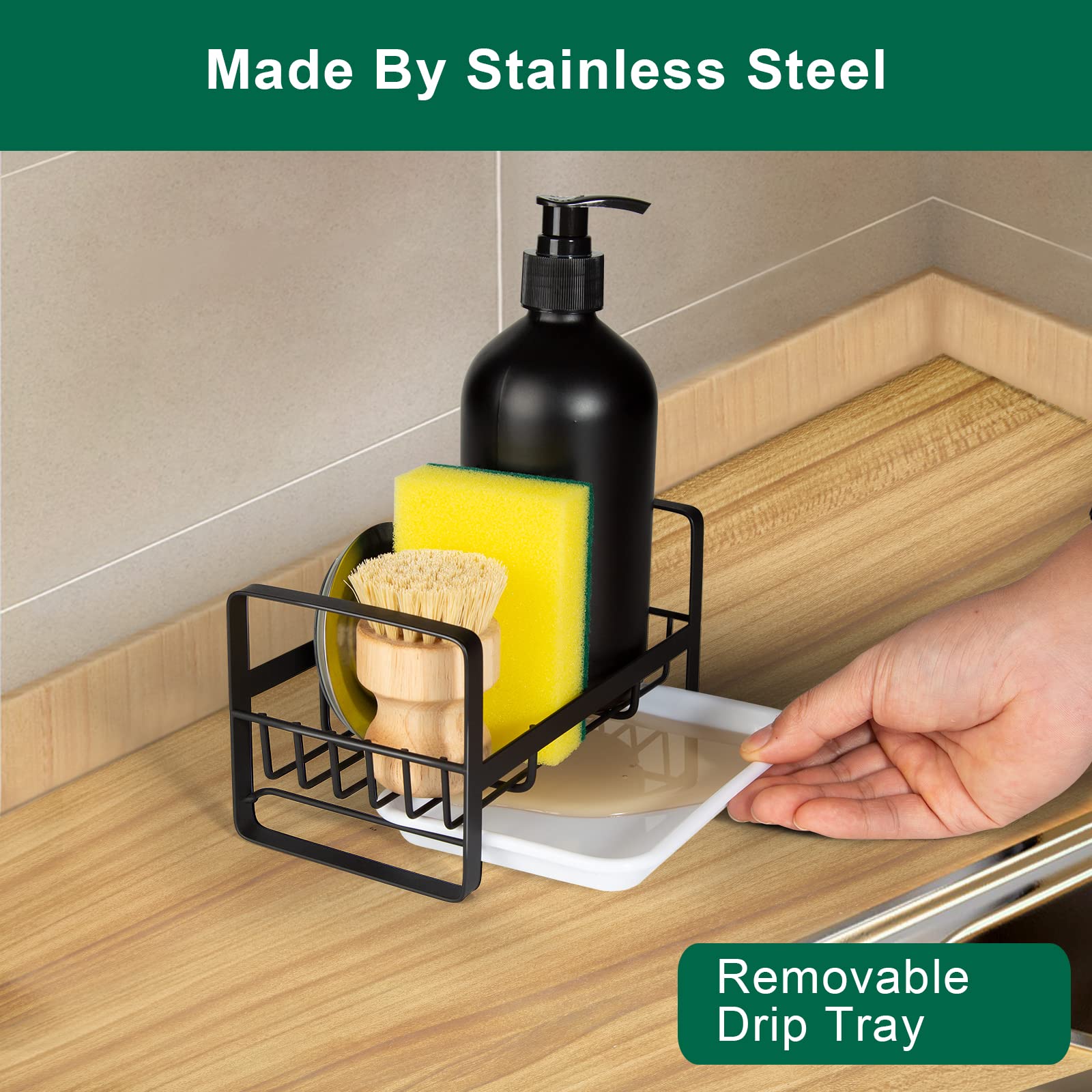 TEZZ Sponge Holder for Kitchen Sink- Stainless Steel Kitchen Sink Caddy for Organizing Sponge, Brush & Soap Dish Dispenser, Kitchen Sink Organizer Rack with adhesive or Counter top