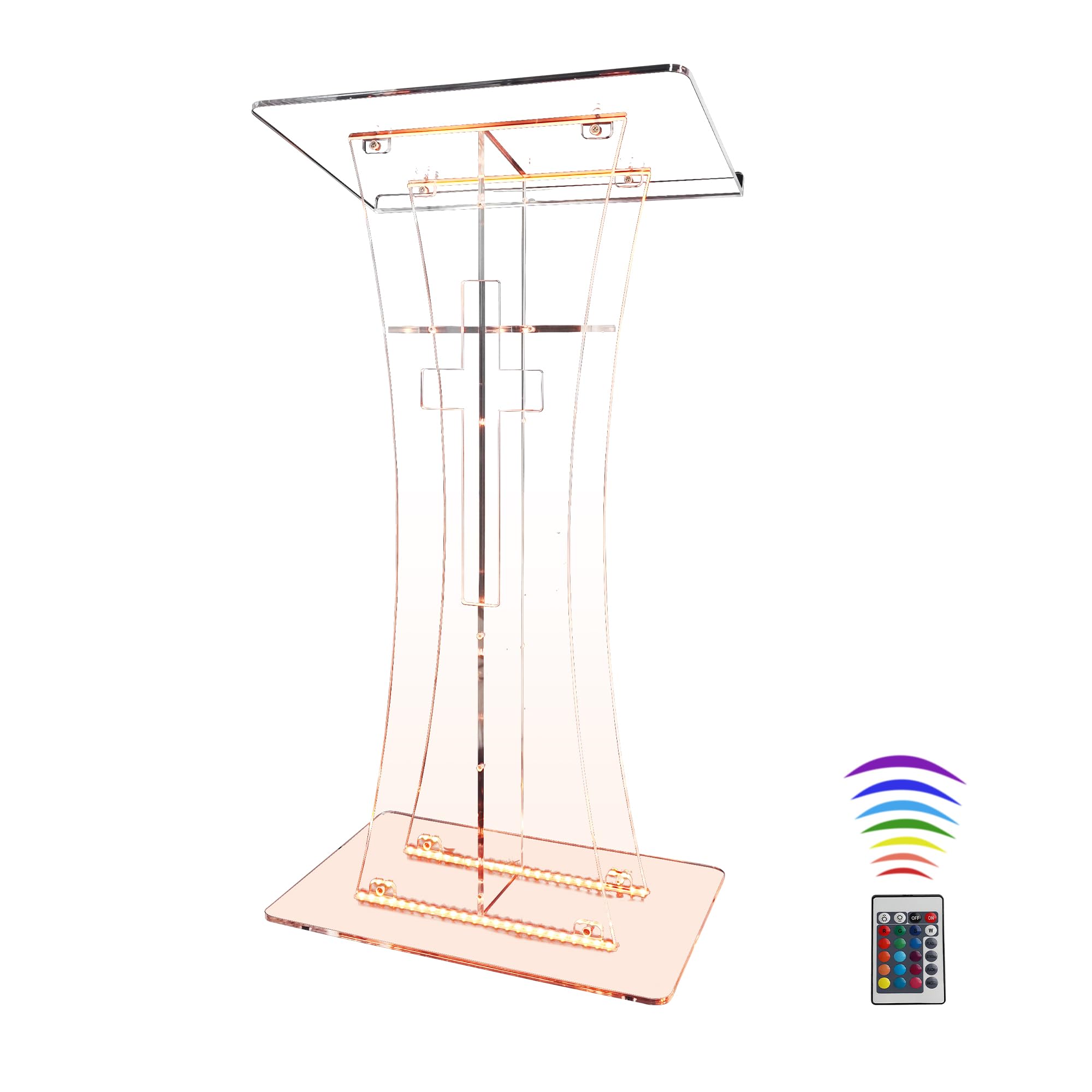 GOJLEX Church Pulpit with Led Lights, 43” Cross Acrylic Church Podium with Large Reading Platform, Transparent Lecterns for Churches, Weedings (23.6” L*15.7”W *43”H)