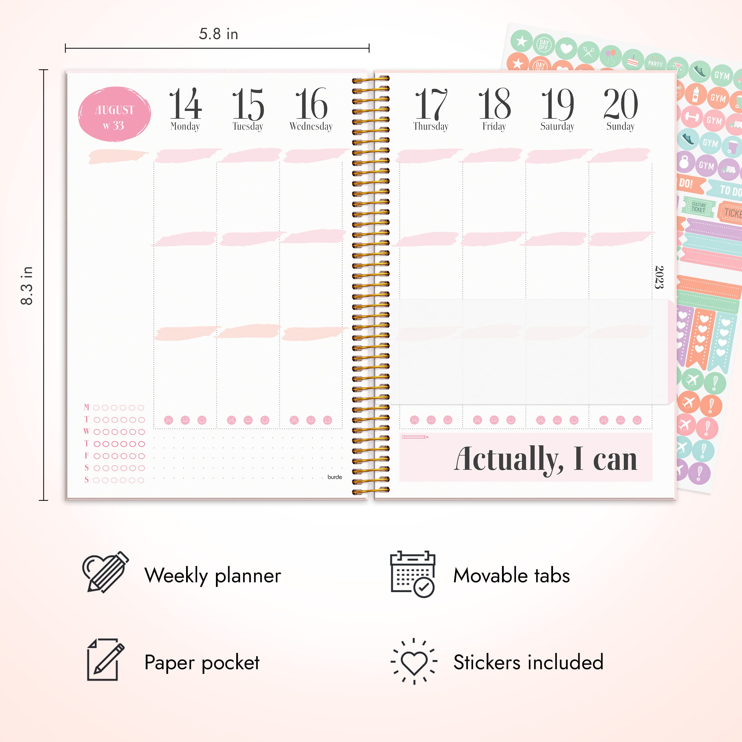 Burde Planner 2023 Life Planner Pink | 12 December 2022 - 7 January 2024 | Weekly & Monthly | 8.5x5.5" | Thick Paper | 142 Stickers Included