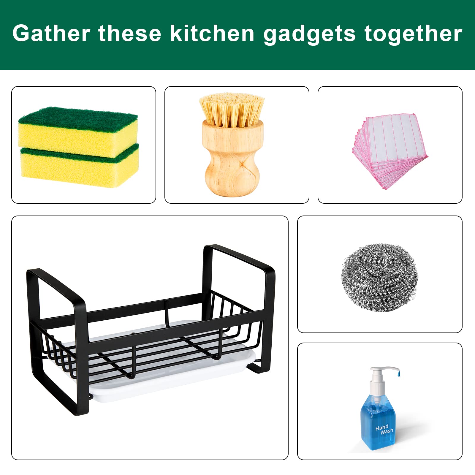TEZZ Sponge Holder for Kitchen Sink- Stainless Steel Kitchen Sink Caddy for Organizing Sponge, Brush & Soap Dish Dispenser, Kitchen Sink Organizer Rack with adhesive or Counter top