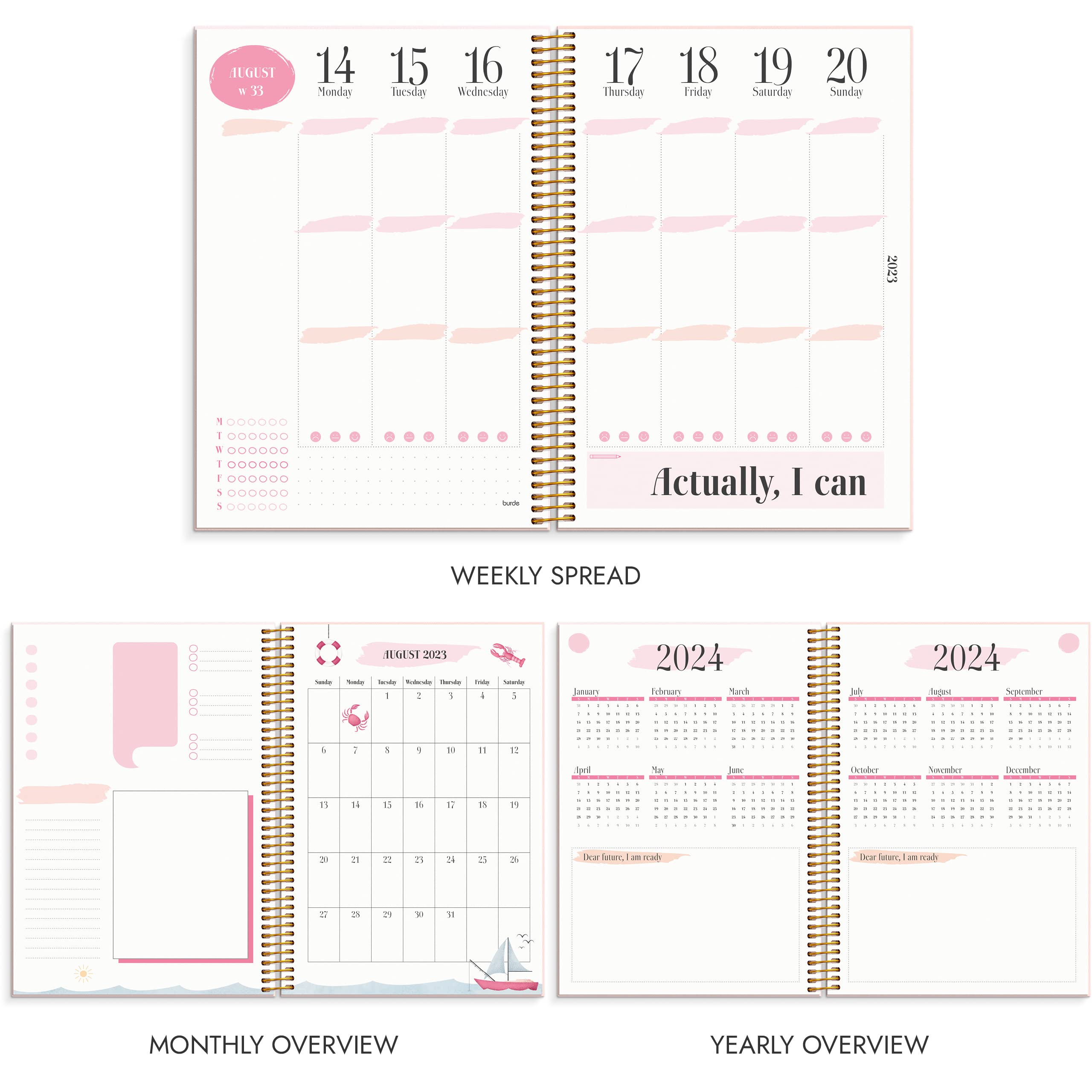Burde Planner 2023 Life Planner Pink | 12 December 2022 - 7 January 2024 | Weekly & Monthly | 8.5x5.5" | Thick Paper | 142 Stickers Included