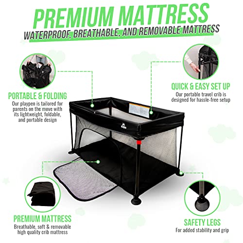 Sleepah Foldable Travel Crib – Lightweight Portable Play Pen + Backpack, Play-Yard with Waterproof Mattress – Easy to Pack Fits in a Suitcase, Sets up in 30 Seconds Safe for Infants & Toddlers (Black)