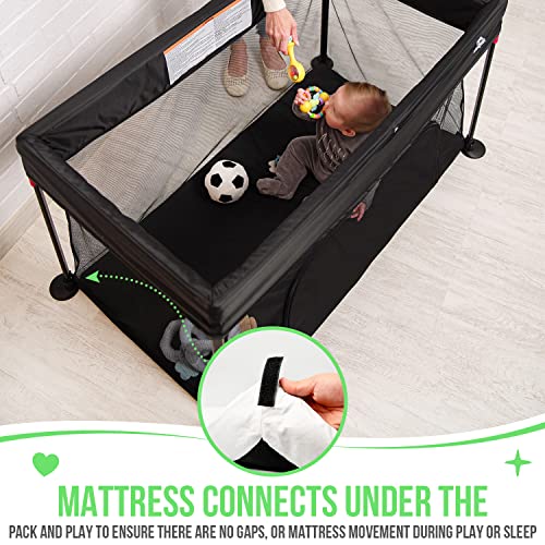 Sleepah Foldable Travel Crib – Lightweight Portable Play Pen + Backpack, Play-Yard with Waterproof Mattress – Easy to Pack Fits in a Suitcase, Sets up in 30 Seconds Safe for Infants & Toddlers (Black)