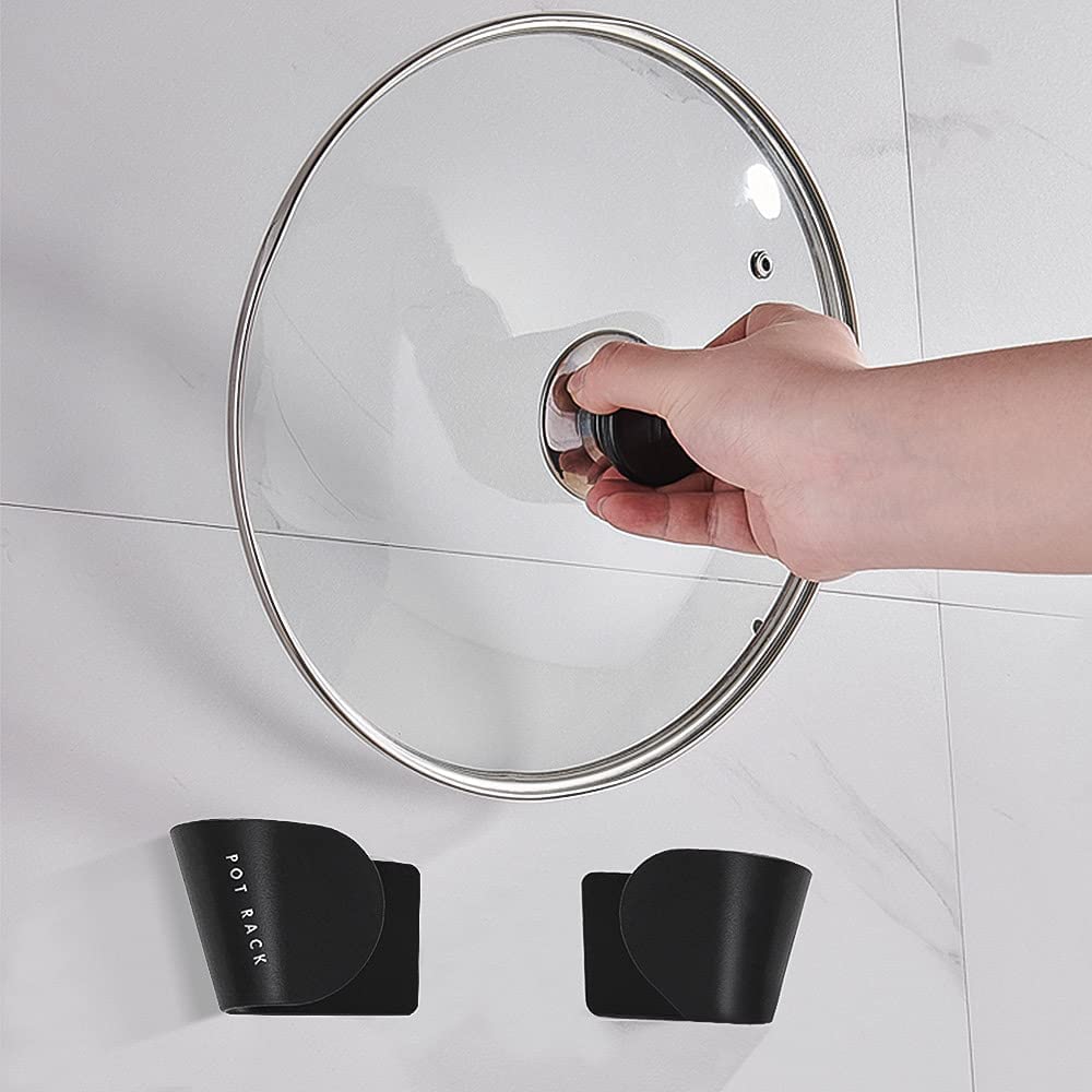 MHCYKJ 8 Pairs Lid Holder for Pots, Pot Lid Racks Wall Mount Pan Lid Holder Punch-Free Pot Lid Storage Organizer Adjustable Hanging Pan Cover Organizer for Home Kitchen Cabinet Door (Black+Green)