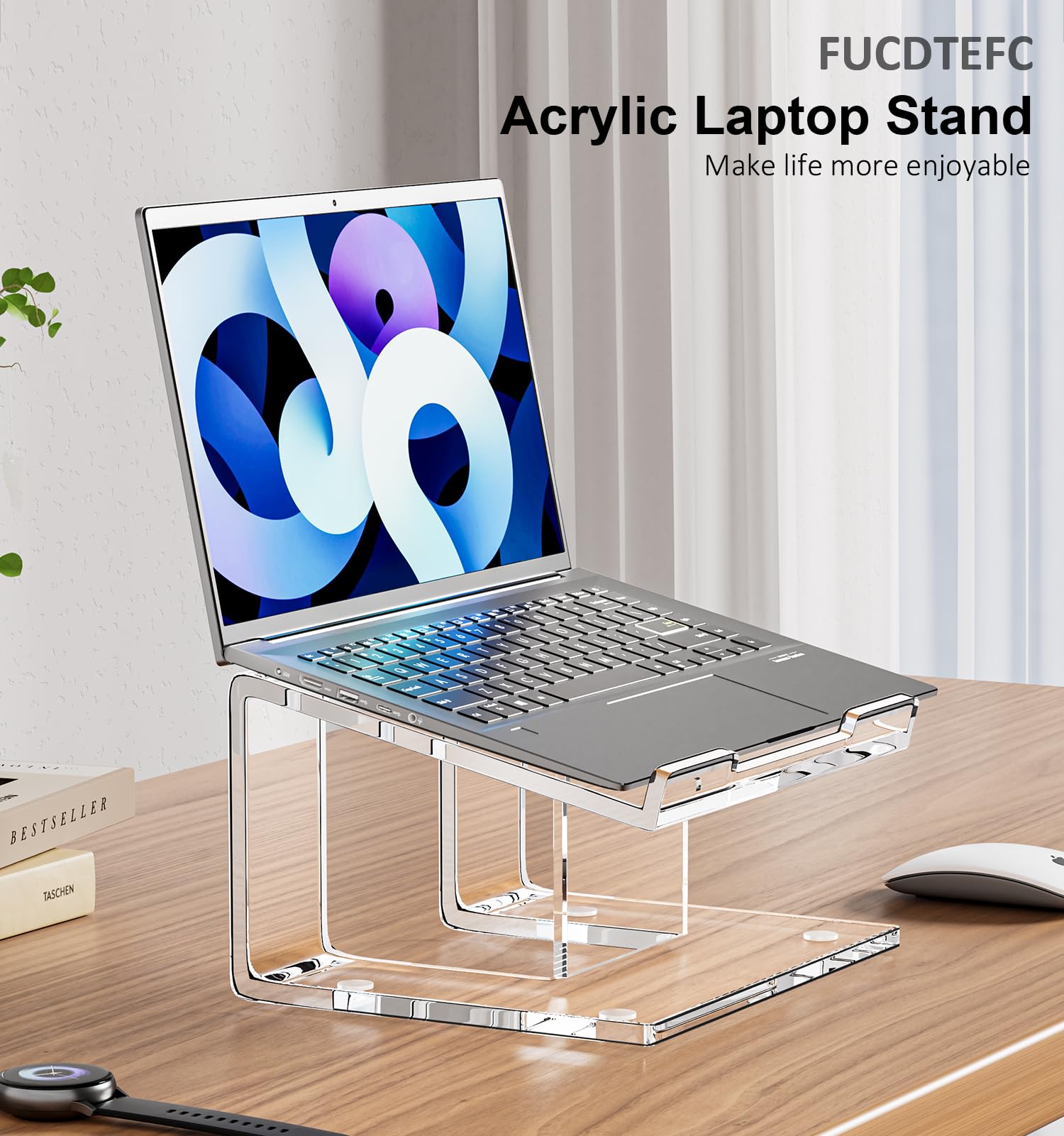 FUCDTEFC Acrylic Laptop Stand for Desk, Laptop Riser Tray for 13.3 14 15.6 Inch Clear Laptop Holder, Computer Stand for Laptop Compatible with MacBook, MacBook Pro, Dell, Lenovo, HP, Samsung