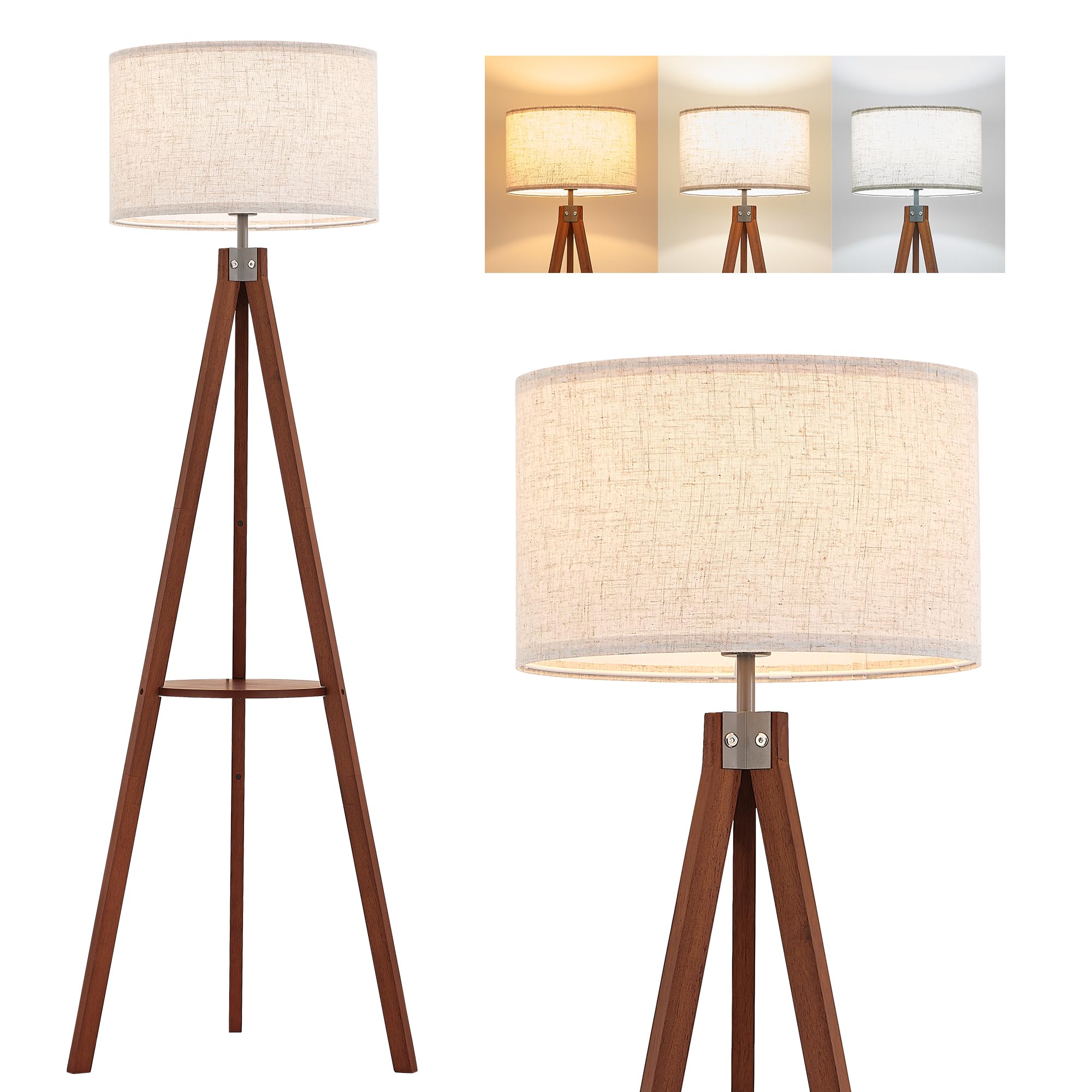 ELYONA Tripod Floor Lamp with Table, Rubber Wood Tall Standing Light, Mid Century Modern Corner Shelf Reading Floor Lamp with Drum Shade for Living Room, Bedroom, Office, LED Bulb Included, Brown