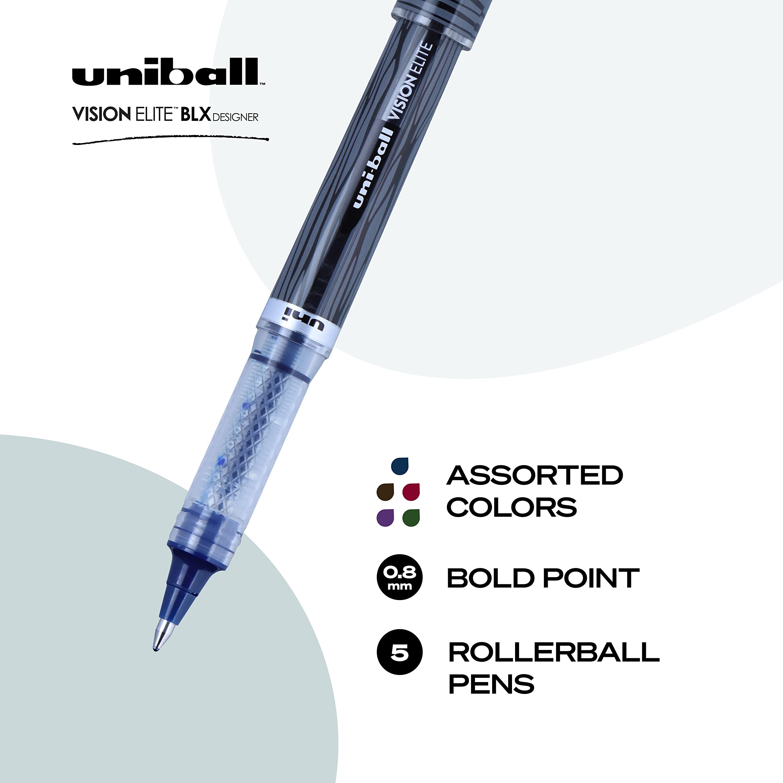 uni-ball Vision Elite BLX Infusion Rollerball Pens, Bold Point (0.8mm), Blue/Black, 5 Count