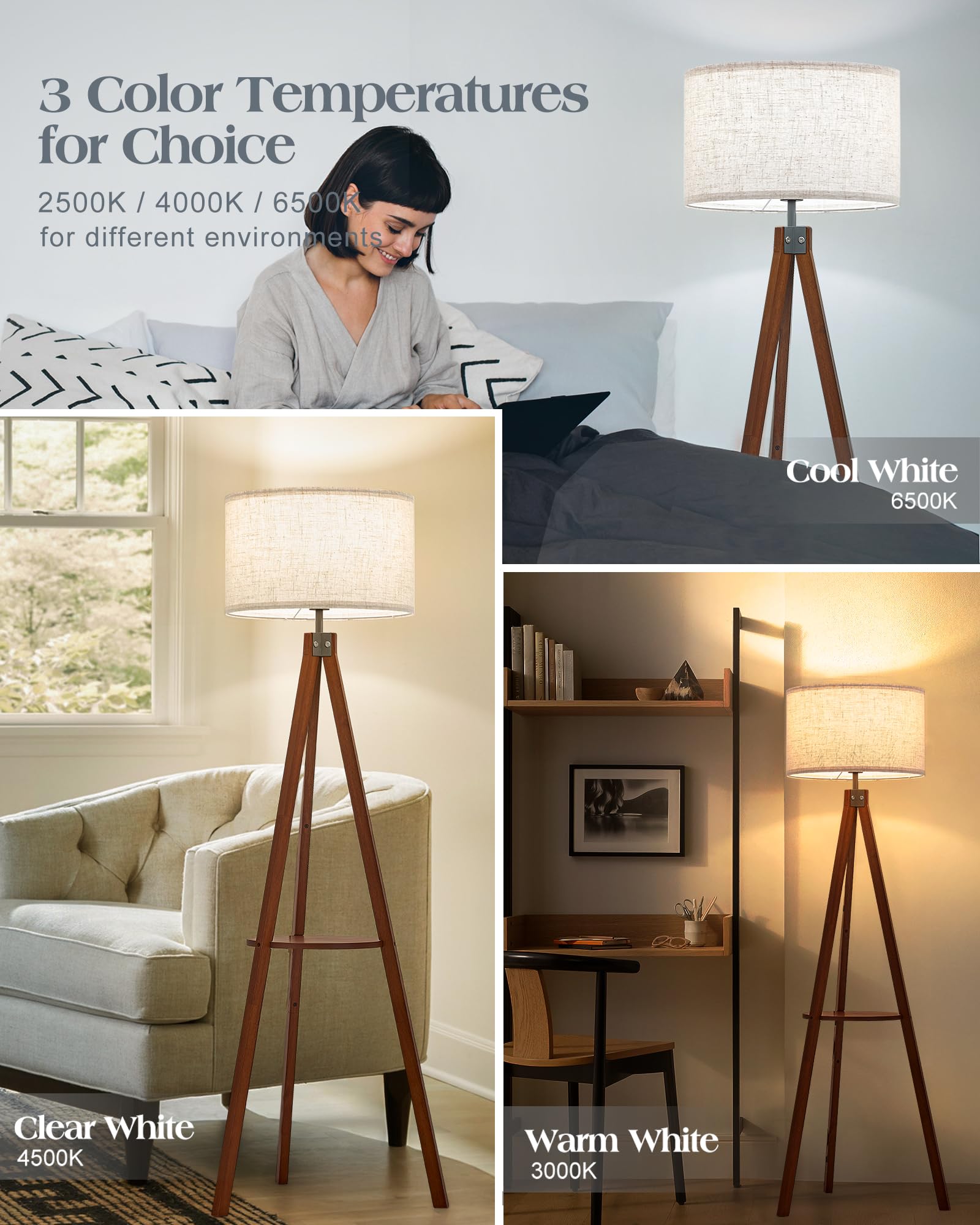 ELYONA Tripod Floor Lamp with Table, Rubber Wood Tall Standing Light, Mid Century Modern Corner Shelf Reading Floor Lamp with Drum Shade for Living Room, Bedroom, Office, LED Bulb Included, Brown