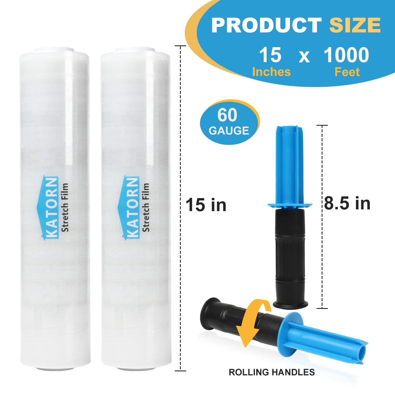 【2 Pack】KATORN Stretch Wrap Film with Rolling Handles, 15 Inch x 1000 Feet Shrink Wrap Roll for Pallet Wrap, Industrial Strength Plastic Wrap, Moving Supplies for Packing, 60 Gauge, Clear