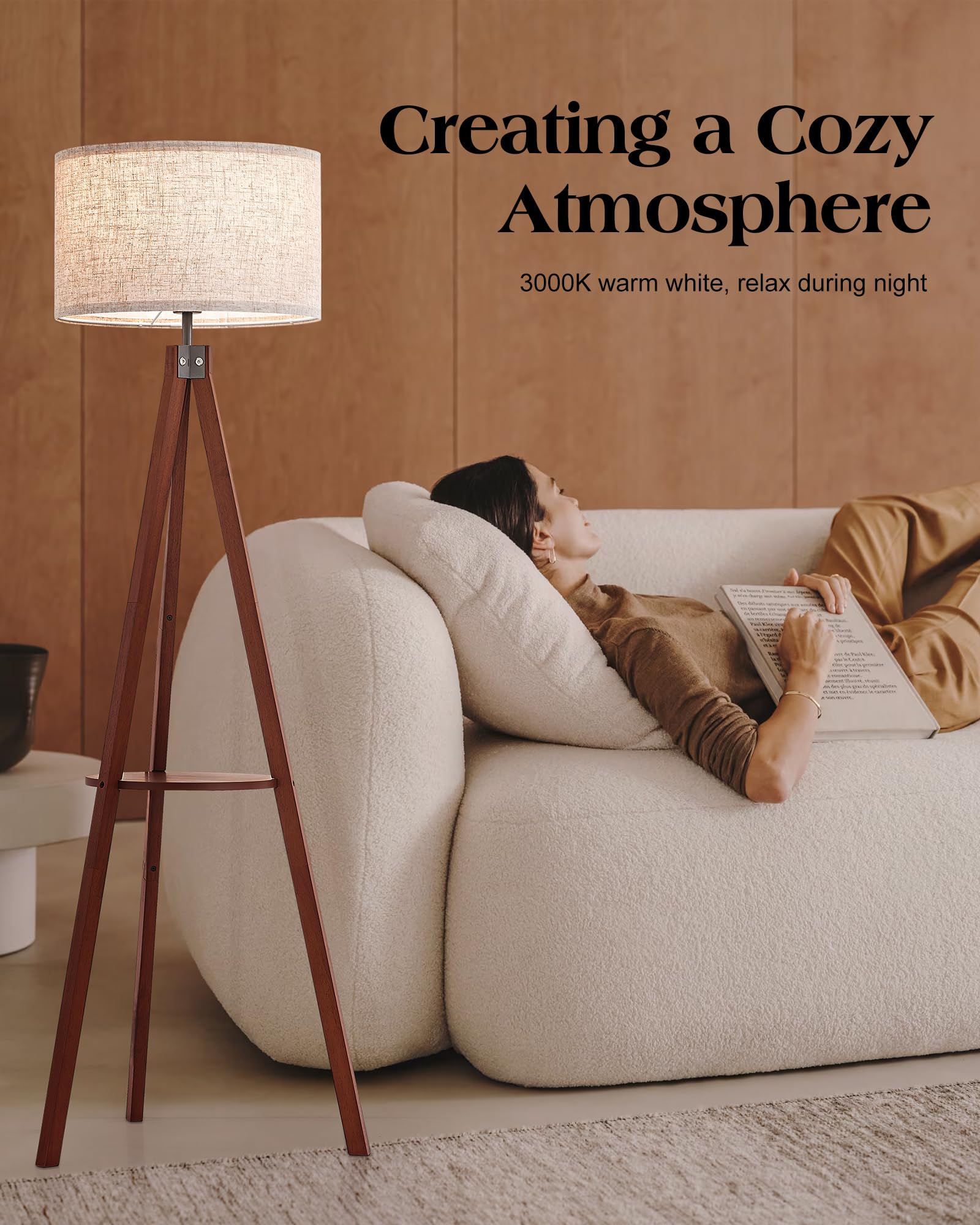 ELYONA Tripod Floor Lamp with Table, Rubber Wood Tall Standing Light, Mid Century Modern Corner Shelf Reading Floor Lamp with Drum Shade for Living Room, Bedroom, Office, LED Bulb Included, Brown