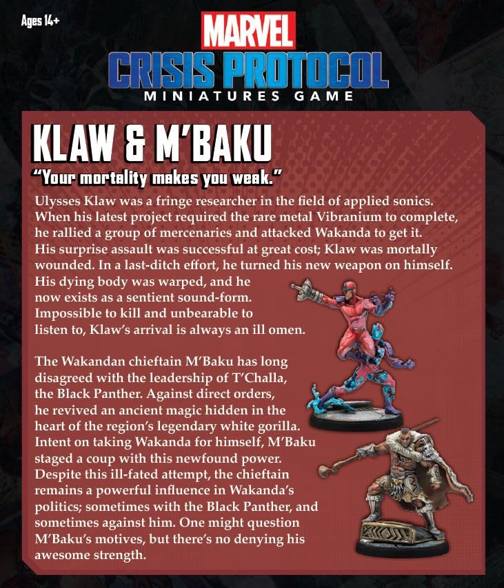 Atomic Mass Games Marvel: Crisis Protocol Klaw & M'Baku Character Pack - Wakanda's Powerhouse Duo! Tabletop Superhero Game, Ages 14+, 2 Players, 90 Minute Playtime, Made