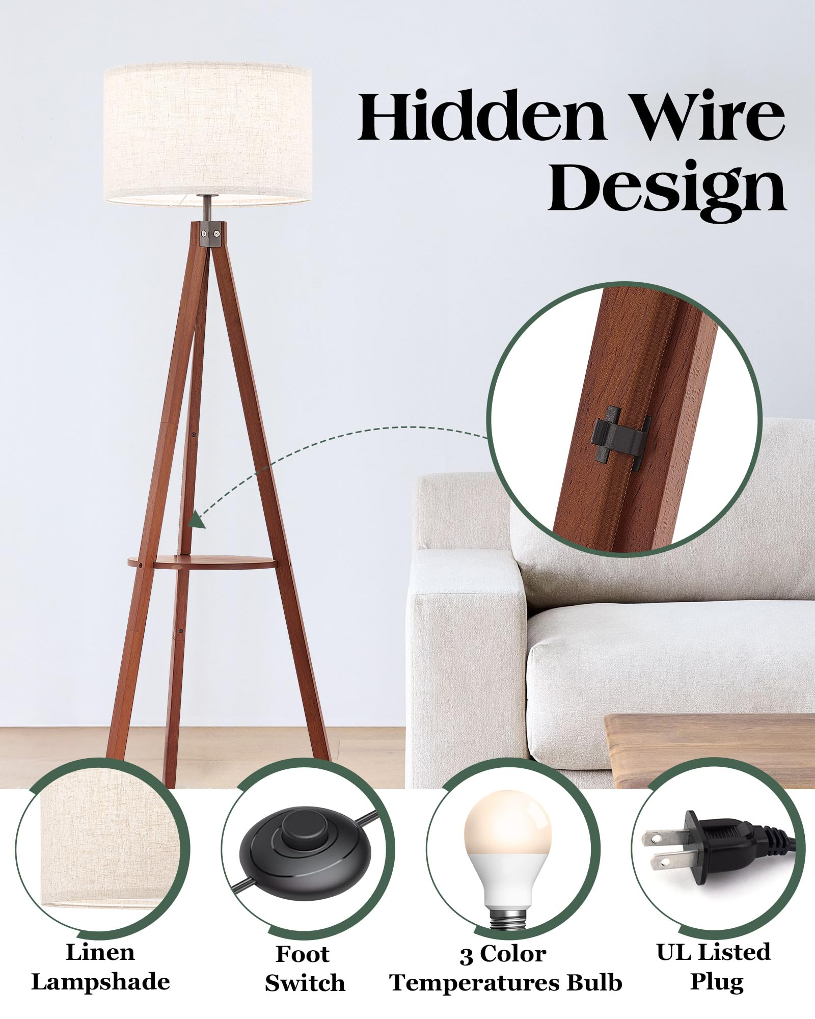 ELYONA Tripod Floor Lamp with Table, Rubber Wood Tall Standing Light, Mid Century Modern Corner Shelf Reading Floor Lamp with Drum Shade for Living Room, Bedroom, Office, LED Bulb Included, Brown