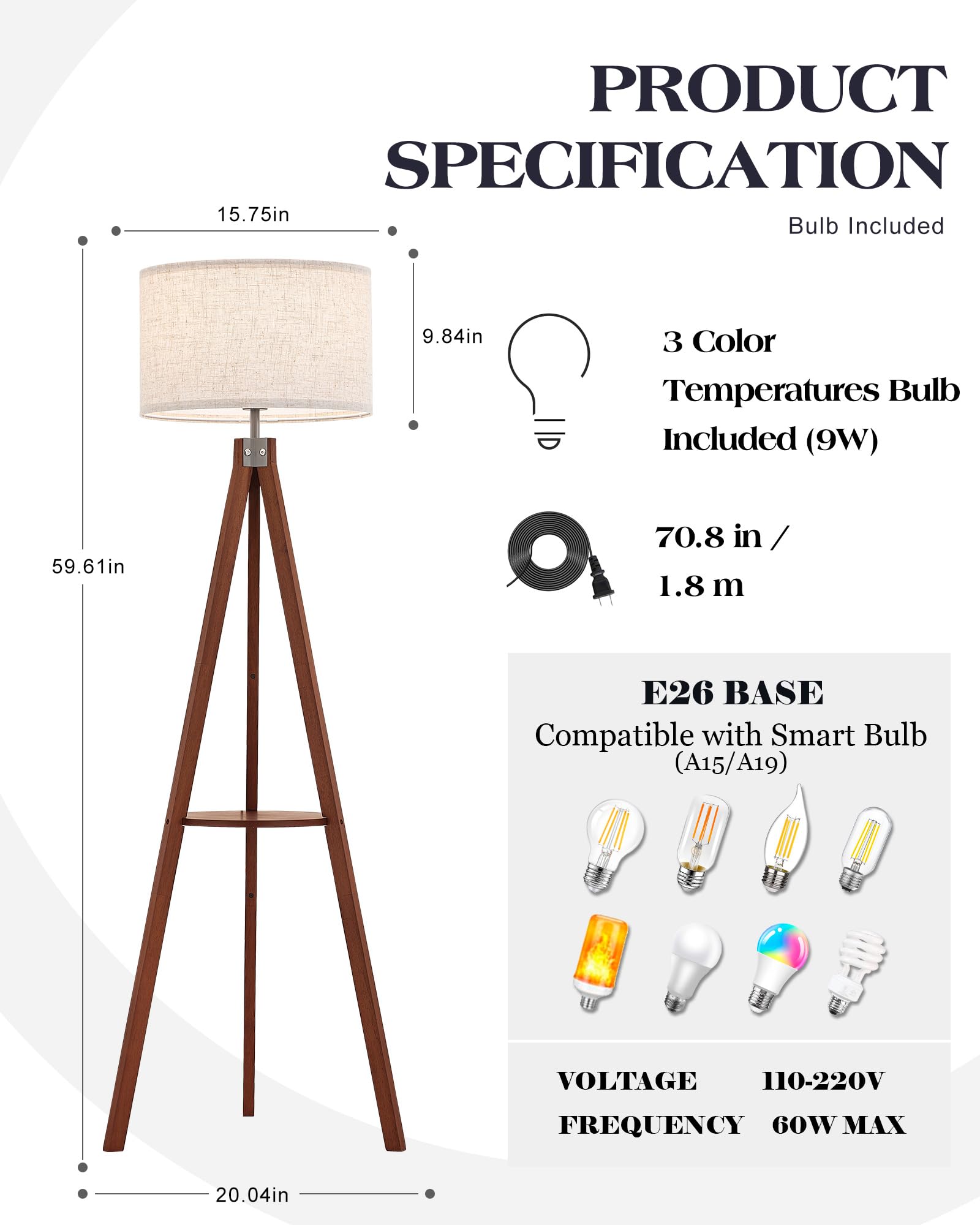 ELYONA Tripod Floor Lamp with Table, Rubber Wood Tall Standing Light, Mid Century Modern Corner Shelf Reading Floor Lamp with Drum Shade for Living Room, Bedroom, Office, LED Bulb Included, Brown