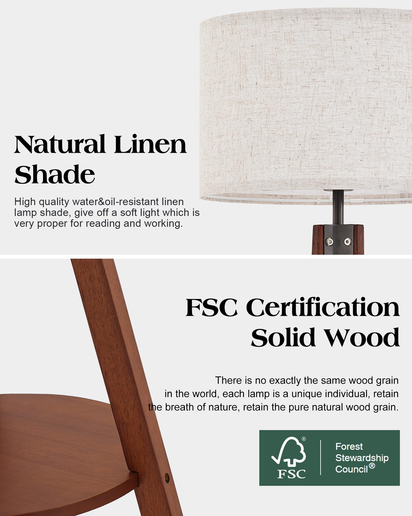 ELYONA Tripod Floor Lamp with Table, Rubber Wood Tall Standing Light, Mid Century Modern Corner Shelf Reading Floor Lamp with Drum Shade for Living Room, Bedroom, Office, LED Bulb Included, Brown