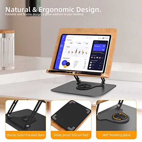 wishacc Book Stand for Reading, 360° Rotating Base & Page Clips, Adjustable Rotating Foldable Bamboo Reading Stand