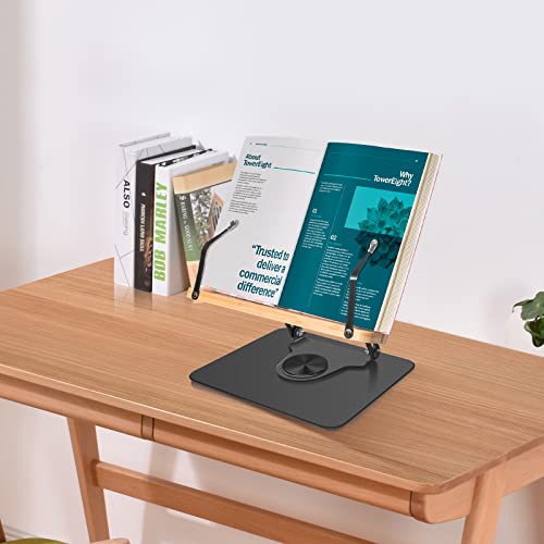wishacc Book Stand for Reading, 360° Rotating Base & Page Clips, Adjustable Rotating Foldable Bamboo Reading Stand