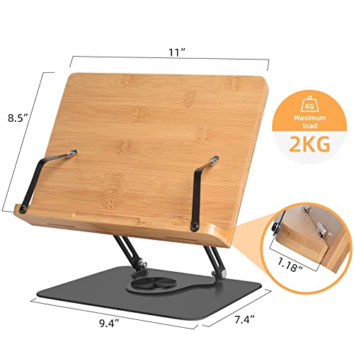 wishacc Book Stand for Reading, 360° Rotating Base & Page Clips, Adjustable Rotating Foldable Bamboo Reading Stand