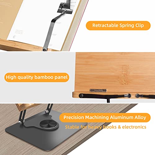 wishacc Book Stand for Reading, 360° Rotating Base & Page Clips, Adjustable Rotating Foldable Bamboo Reading Stand