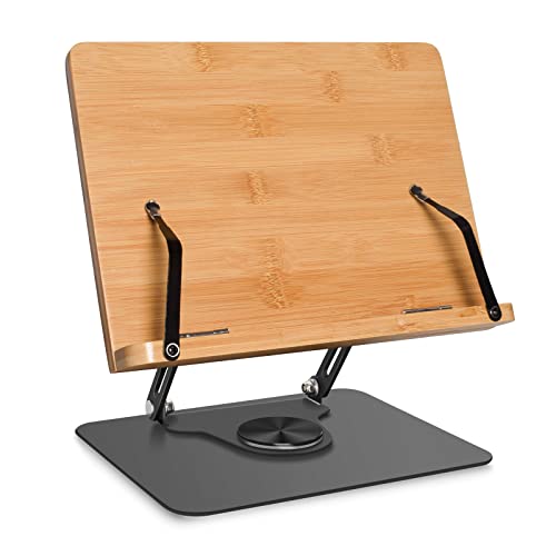 wishacc Book Stand for Reading, 360° Rotating Base & Page Clips, Adjustable Rotating Foldable Bamboo Reading Stand