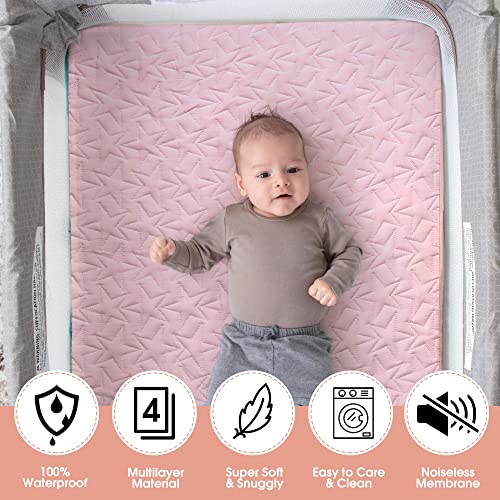 ACRABROS Pack n Play Sheets Fitted,2 Pack Waterproof Mini Crib Mattress Protector, Playard Sheets for Boys and Girls, Universal Fit Quilted Padded Ultra Soft,Gray & Pink