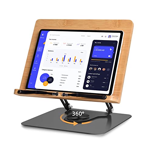 wishacc Book Stand for Reading, 360° Rotating Base & Page Clips, Adjustable Rotating Foldable Bamboo Reading Stand