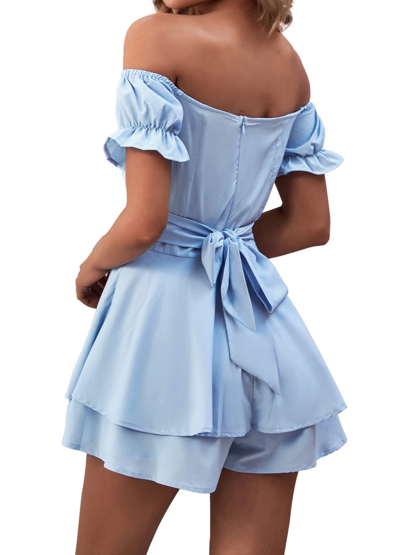 LYANER Women's Off the Shoulder Wrap Tie Up Back Ruffle Short Sleeve Romper Short Jumpsuit Light Blue Medium