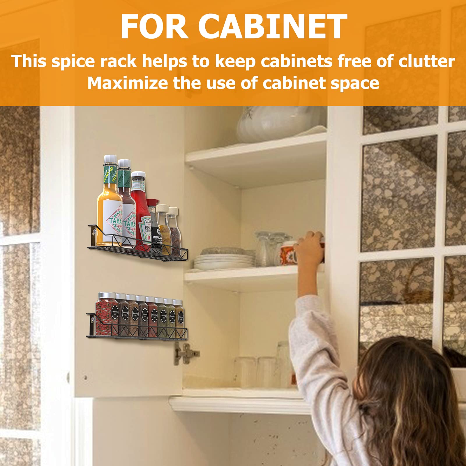 Wall Mounted Spice Racks Organizer, Auledio 4 Pack Seasoning Shelves Organizers for Cabinet, Storage Rack Hanging Shelf Set for Kitchen, Cupboard, Pantry Door, Bathroom, Black