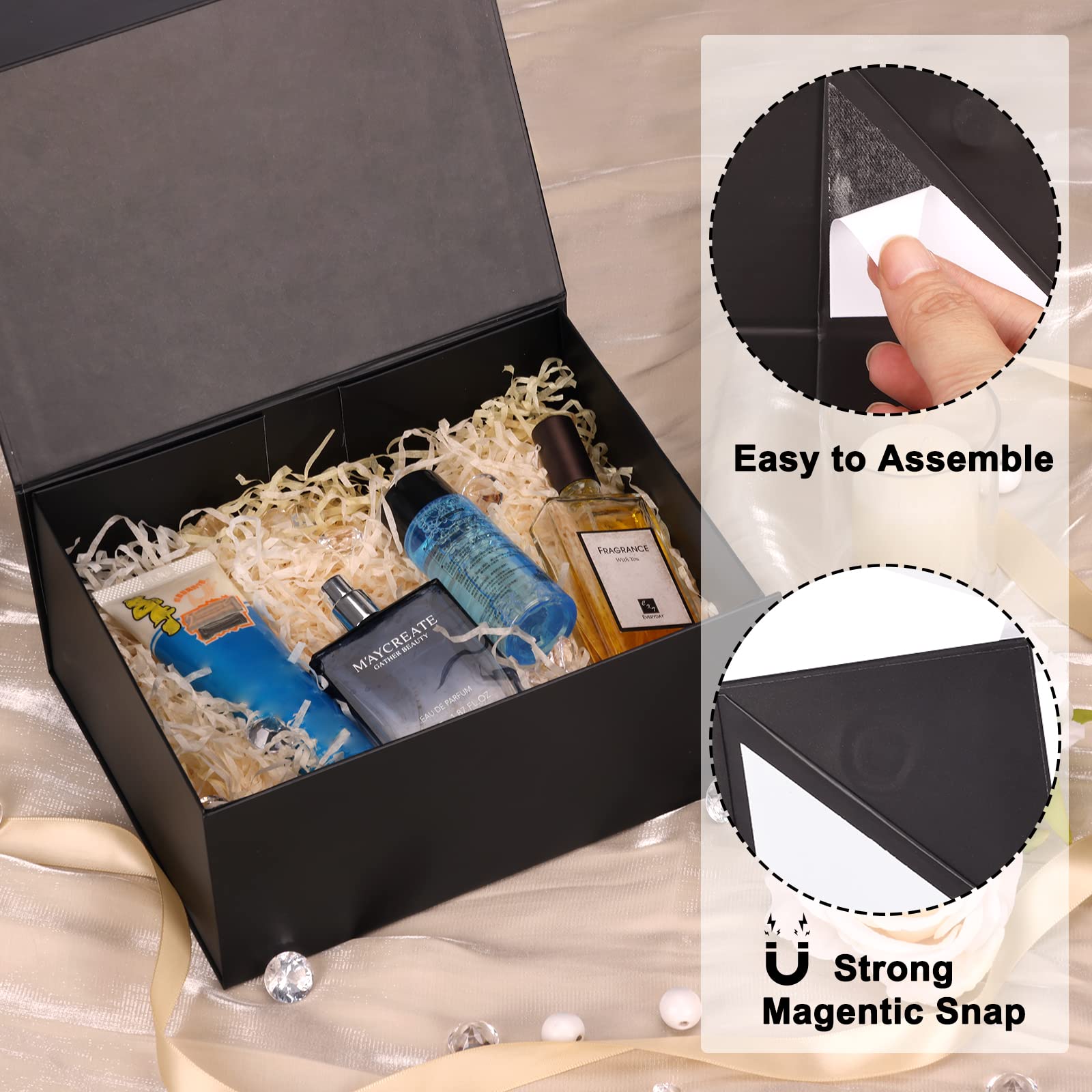 Moretoes 2 PCS Luxury Black Gift Boxes with Lids for Presents, Gift Boxes with Ribbon and Magnetic Closure for Christmas, Mother's Day, Holidays, Father's Day, Birthdays（9x7x4 Inches）